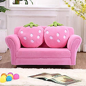 GLACER Kids Sofa with 2 Pillows, Pink Toddler Couch with Wooden Frame and Coral Fleece Surface, Toddler Lounge Bed 2 in 1, Baby Sofa Chair Children Armchair for Girls