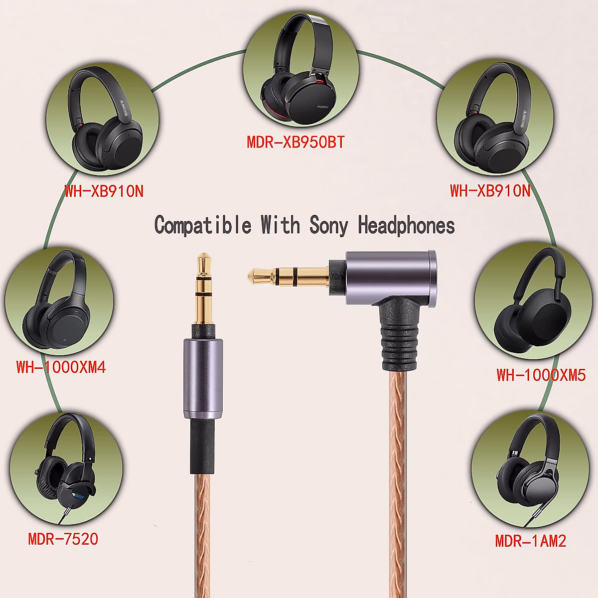FAAEAL WH-1000XM5 Audio Upgrade Cable,Replacement for Sony MDR-XB950BT WH-1000XM4 XM3 MDR-H600A ATH-M50xBT SR50BT ANC9 Headphones 4.9ft(3.5mm Plug)