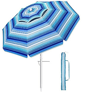 Beach Umbrella for Sand Wind Portable: 7FT Arc Length 6.5FT Diameter Heavy Duty Wind Resistant Striped Large Umbrellas UV 50+ Parasol with Anchor Screw Adjustable Height Tilting Pole 8 Ribs Carry Bag Lightweight