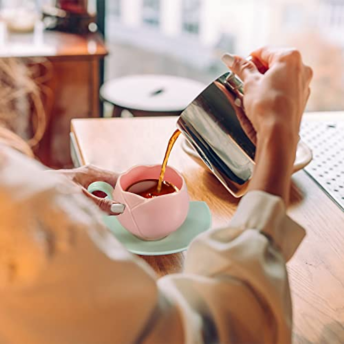 VIVERIE 10 oz Pink Flower Teacup and Saucer - Leaf Heart Tea Cup Saucer, Cute Coffee Mug, Tea Mug, Hot Teacup Set, Tea Accessories for Women, Mom, Friends, Birthday, Christmas Gift, Pink Christmas Mug