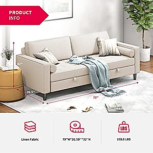 MUZZ 79" Sofa Bed, Linen Fabric Couch Bed, Sleeper Sofa Bed with Movable Backrest Cushion, Sleeper Sofa Couch for Living Room, Apartment, Small Spaces (Beige)