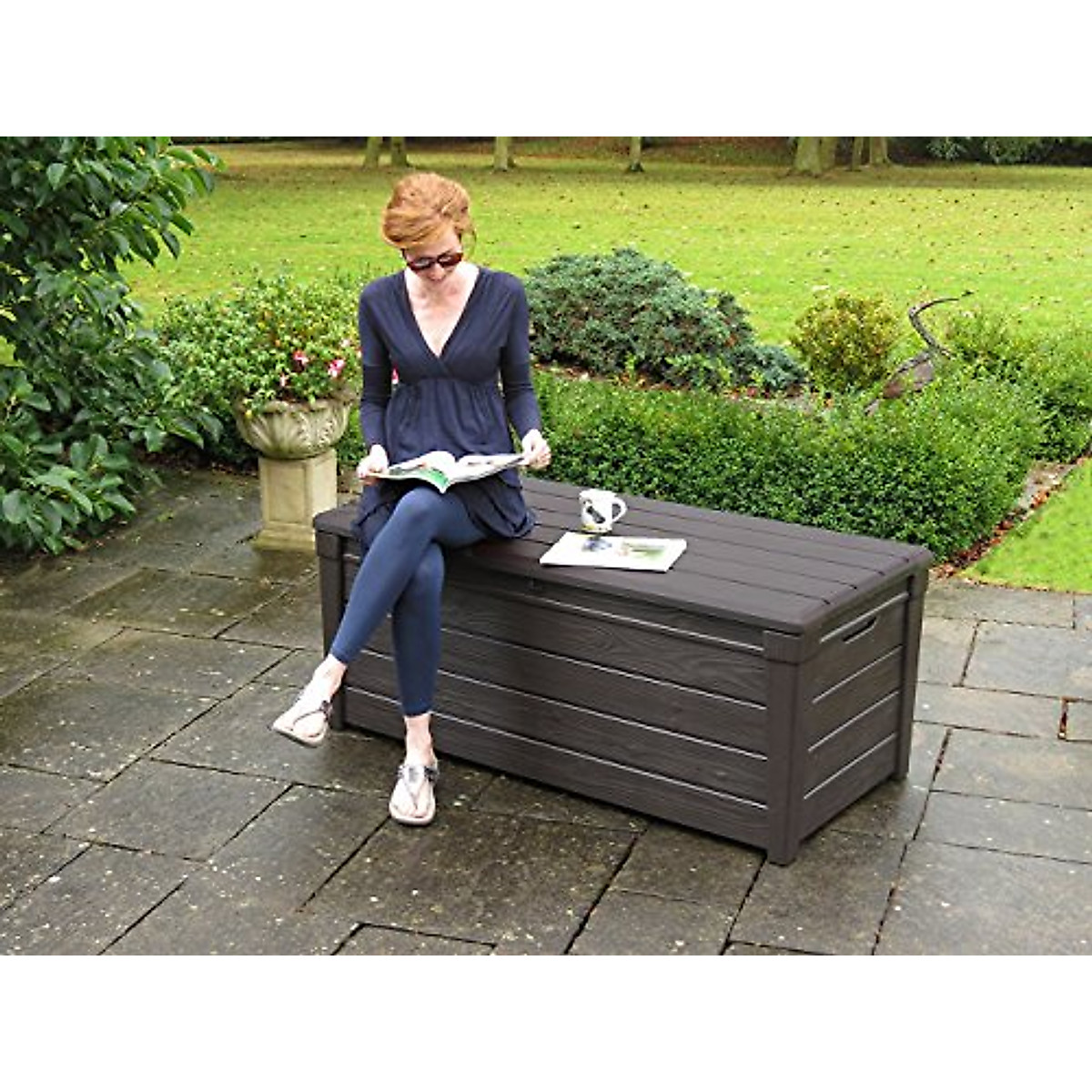 Keter Brightwood 120 Gallon Resin Large Deck Box for Patio Garden Furniture, Outdoor Cushion Storage, Pool Accessories, and Toys, Grey