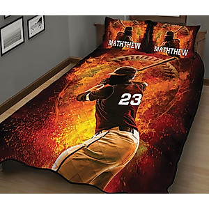 COZZBED Custom Flame Baseballer Quilt Set with Your Name, Baseball Bedding King Queen Twin Throw, Boys Baseball Comforter Set, Super Soft Lightweight All Season Baseball Blanket Bedspreads