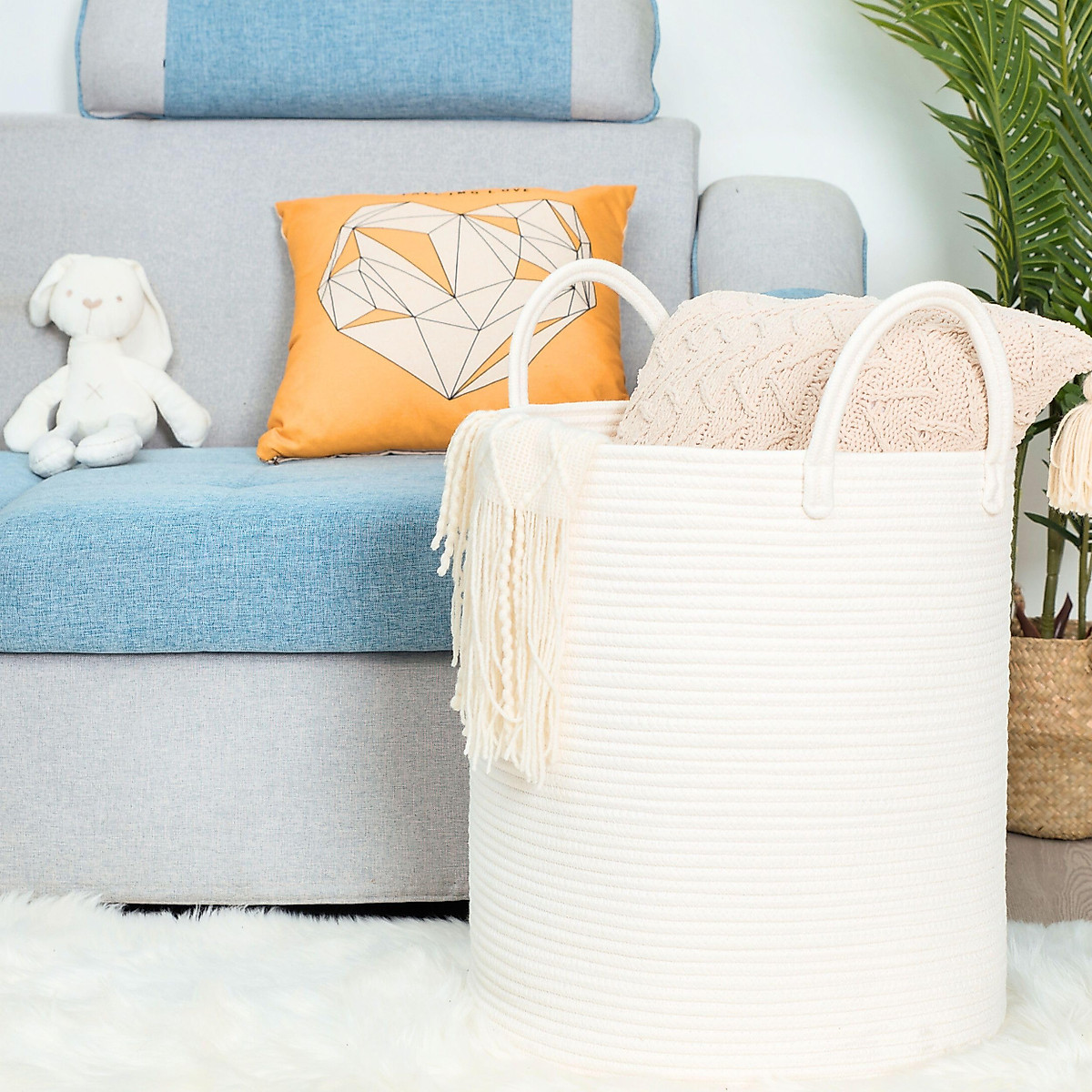 MINTWOOD Design Large 18 x 16 Inches Decorative Woven Cotton Rope Basket, Tall Laundry Basket Hamper, Blanket Basket for Living Room, Storage Baskets for Toys, Towel, Throw, Pillow, Creamy White