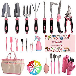 Whonline Pink Garden Tool Set for Women, 31Pcs Succulent Gardening Tool Kit, Heavy Duty Stainless Steel Aluminum Non-Slip Ergonomic Handle Tools Durable Storage Tote Bag Gardening Gifts