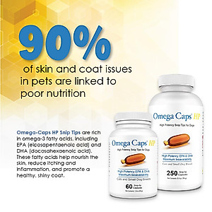 Omega-Caps High Potency Snip Tips for Medium to Large Breeds-Vet Formulated for Healthy Radiant Skin & Coat. Contains Omega 3 for Joint & Immune System Support, Easy to Dose Soft Gel Capsules 250 CT.