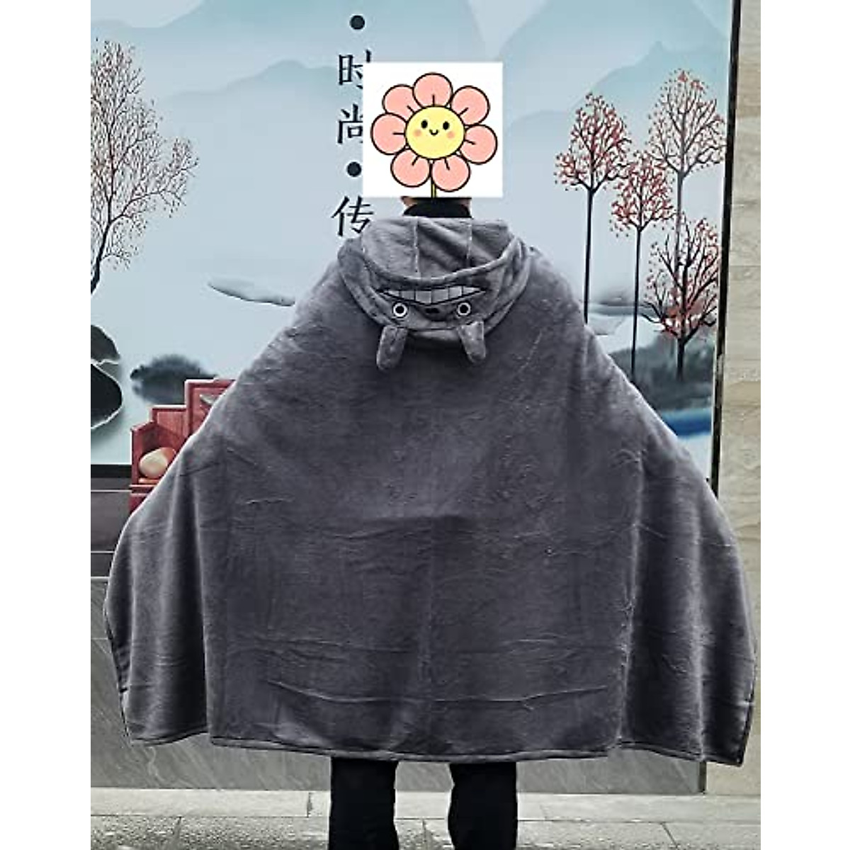 Anime Throw Blanket Flannel Fleece Blanket Cosplay Hooded Cloak Fluffy Shawl Wrap Nap Quilt (67''X35.5'', Gray)