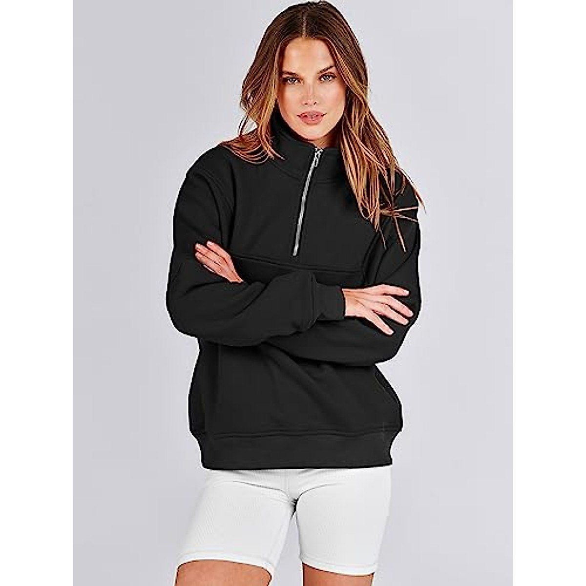 Caracilia Women Oversized Sweatshirt Quarter Zipper Fleece Pullover Hoodies Half Zip Y2K Clothes Collar Sweater Long Sleeve Trendy Fall Top Cute Gym Clothes for Women C113A7-heise-M Black