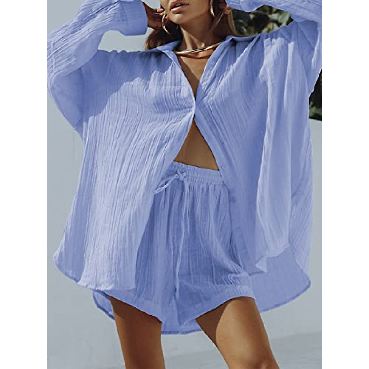 Meenew Women's Summer Matching Set 2 Piece Shorts Set Long Sleeve PJ Set Beach Outfits Button Down Set XL