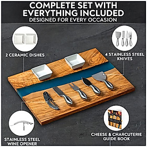Handcrafted Italian Olive Wood Cheese & Charcuterie Board Set with Unique Blue Resin Artwork - Cutting Board Comes with 4 Cheese Knives, 2 Dipping Bowls & Corkscrew Wine Opener (Blue)