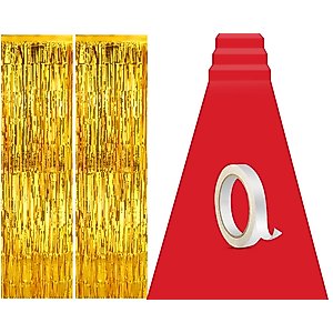 Tegeme Carpet Runner Aisle 2.6 x 30 Feet with Carpet Tape and 4 Pieces of 8.2 x 3.2 Feet Metal Tinsel Tassel Curtains for Halloween Birthday Wedding Party Decoration(Red)