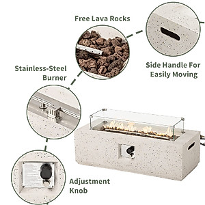 COSIEST Outdoor Propane Fire Pit Coffee Table, 42-inch x 13-inch Terrazzo Rectangle Base Patio Heater w 50,000 BTU Stainless Steel Burner, Wind Guard, Free Lava Rocks and Rain Cover