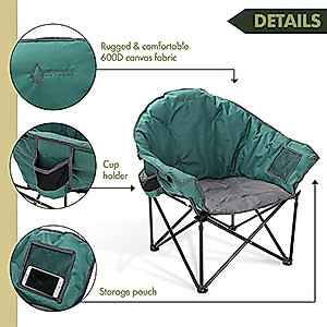 ARROWHEAD OUTDOOR Oversized Heavy-Duty Club Folding Camping Chair w/External Pocket, Cup Holder, Portable, Padded, Moon, Round, Saucer, Supports 330lbs, Carrying Bag, USA-Based Support
