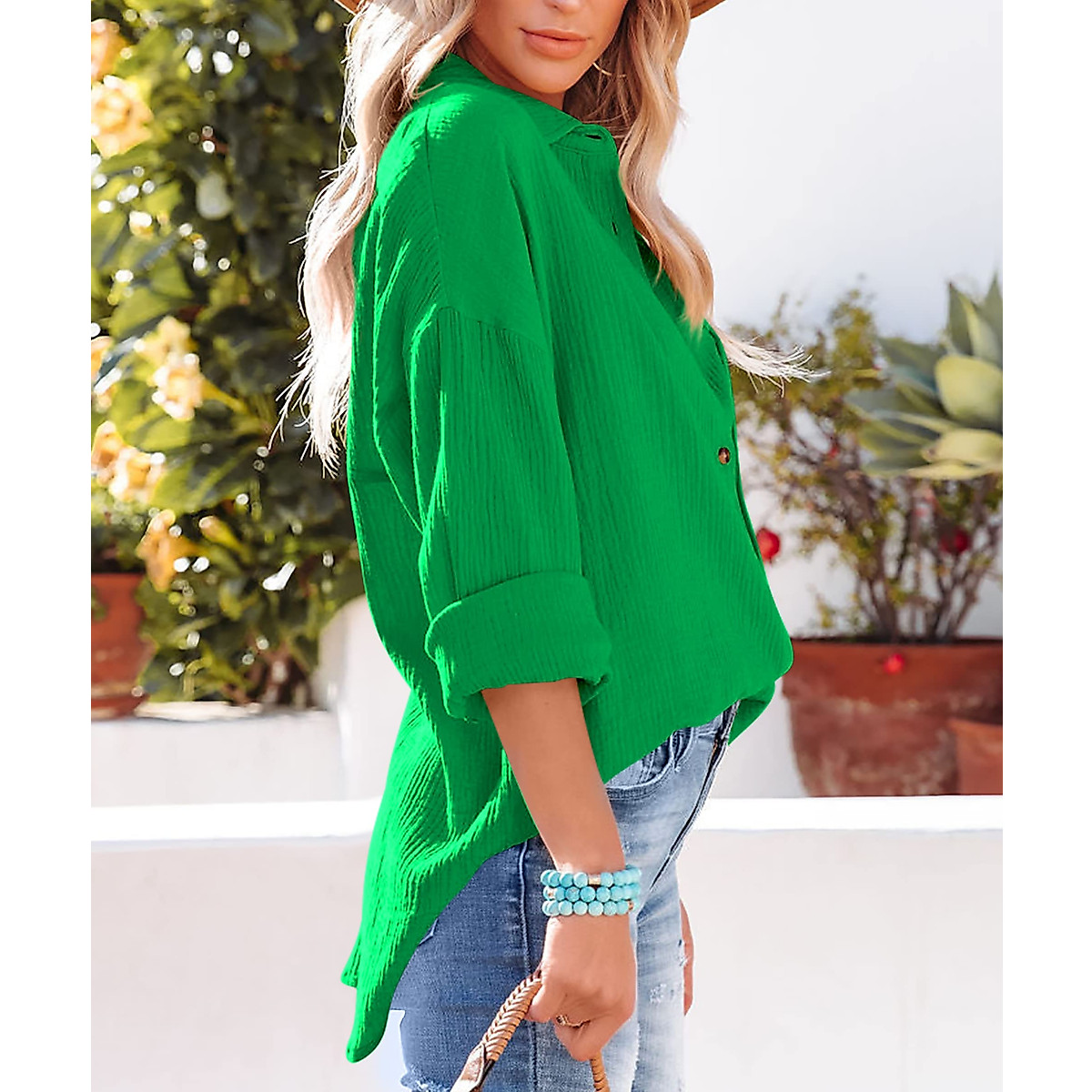 AISEW Womens Button Down Shirts Casual V Neck Long Sleeve Loose Fit Collared Plain Blouses Tops with Pocket (Green, 7001L)