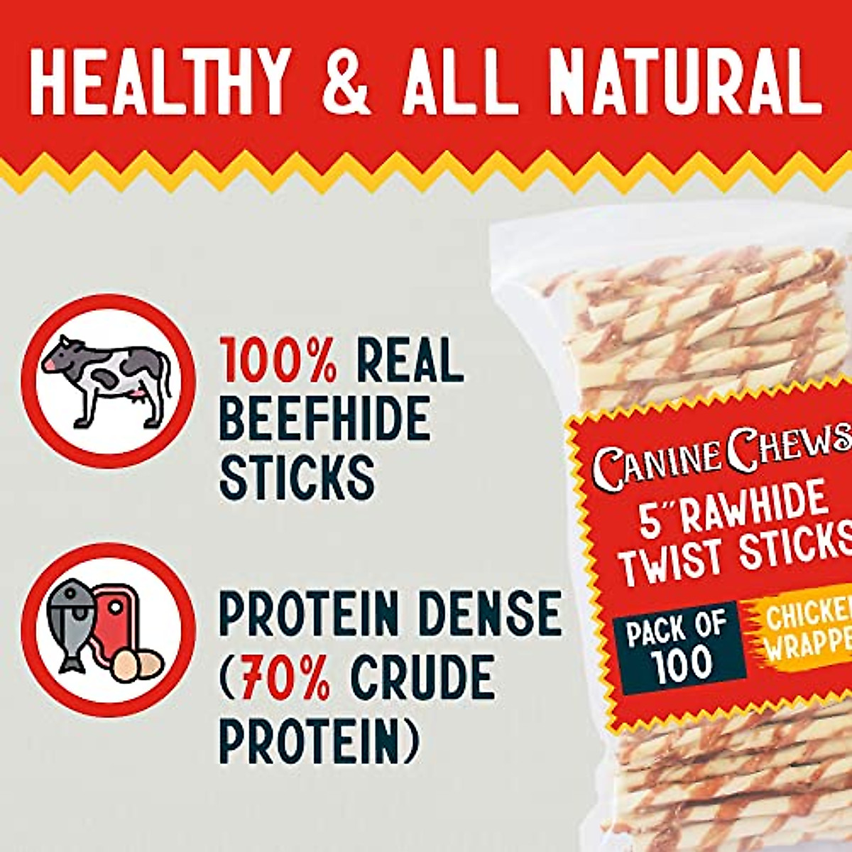 Canine Chews Chicken-Wrapped Rawhide Twists for Dogs - Pack of 100 U.S.A. Sourced Chicken Wrapped Rawhide Dog Treats, Sticks for Dogs - Premium & Natural Beefhide Chews