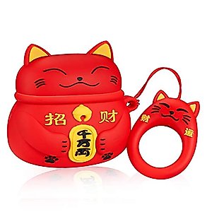 Coralogo Case for Airpods Pro 2019/Pro 2 Gen 2022 Cute,3D Animal Character Silicone Cartoon Airpod Skin Funny Fun Cool Keychain Design Kids Teens Girls Boys Cover Cases Air pods Pro (Red Lucky Cat)