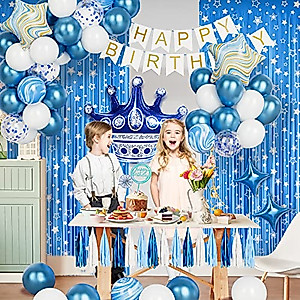 Bule Birthday Party Decorations Set with Birthday Banner, Bule Confetti Balloons, Bule Foil Birthday Background, Tassel Garland, Cake Toppers for Girls Men Kids Baby Birthday Party Supplies Decor