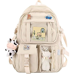 Stylifeo Kawaii Backpack with Cute Cow Plush Pin Accessories Large Capacity Aesthetic School Bags Cute Bookbag for Girls Teen (Beige)