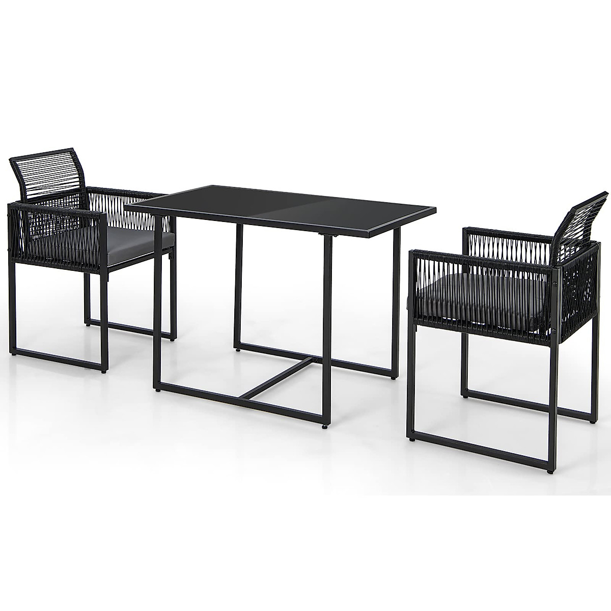 DORTALA Rattan Patio Furniture Set, 3-Piece Dining Set with Cushions, Tempered Glass Tabletop, Outdoor Wicker Small Chairs & Table Set for Backyard, Balcony, Poolside, Black