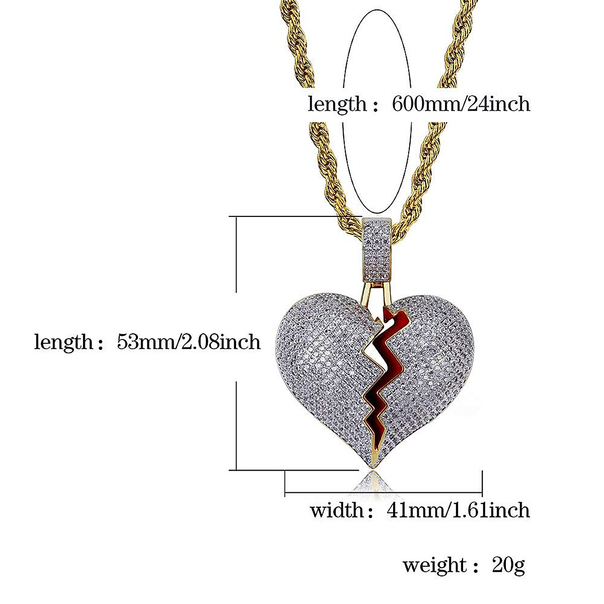 MOLEK Iced Out Hip Hop Jewelry Gifts 18K Gold Plated Micro Pave Bling CZ Broken Heart Pendant Necklace (Gold)