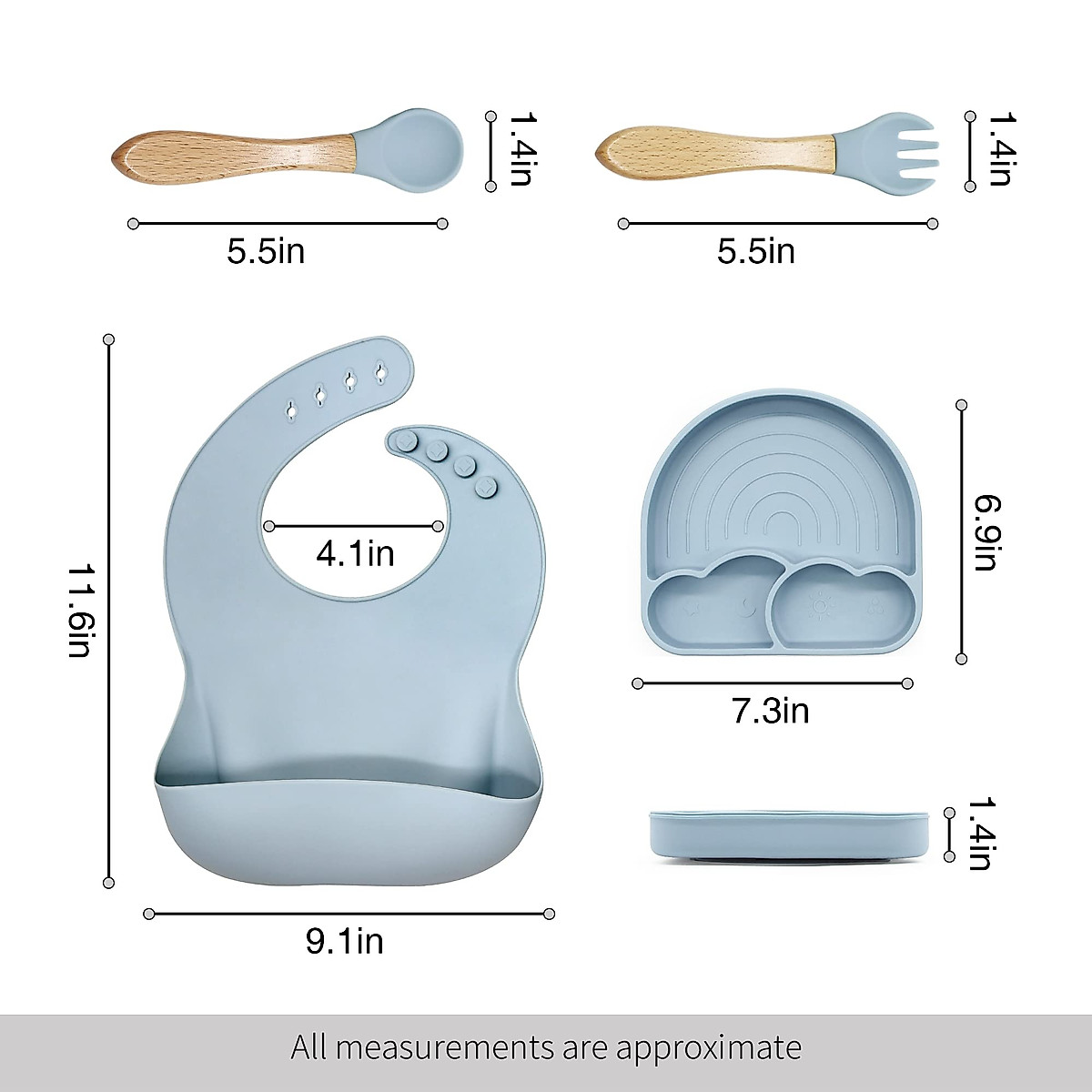 SmoreBaby 4pcs Baby Silicone Feeding Set Toddler Plates Bib Spoon Fork with Suction Utensils Toddlers Baby-Led Boys Girls Eating Supplies (Dust Blue, Dusty Blue