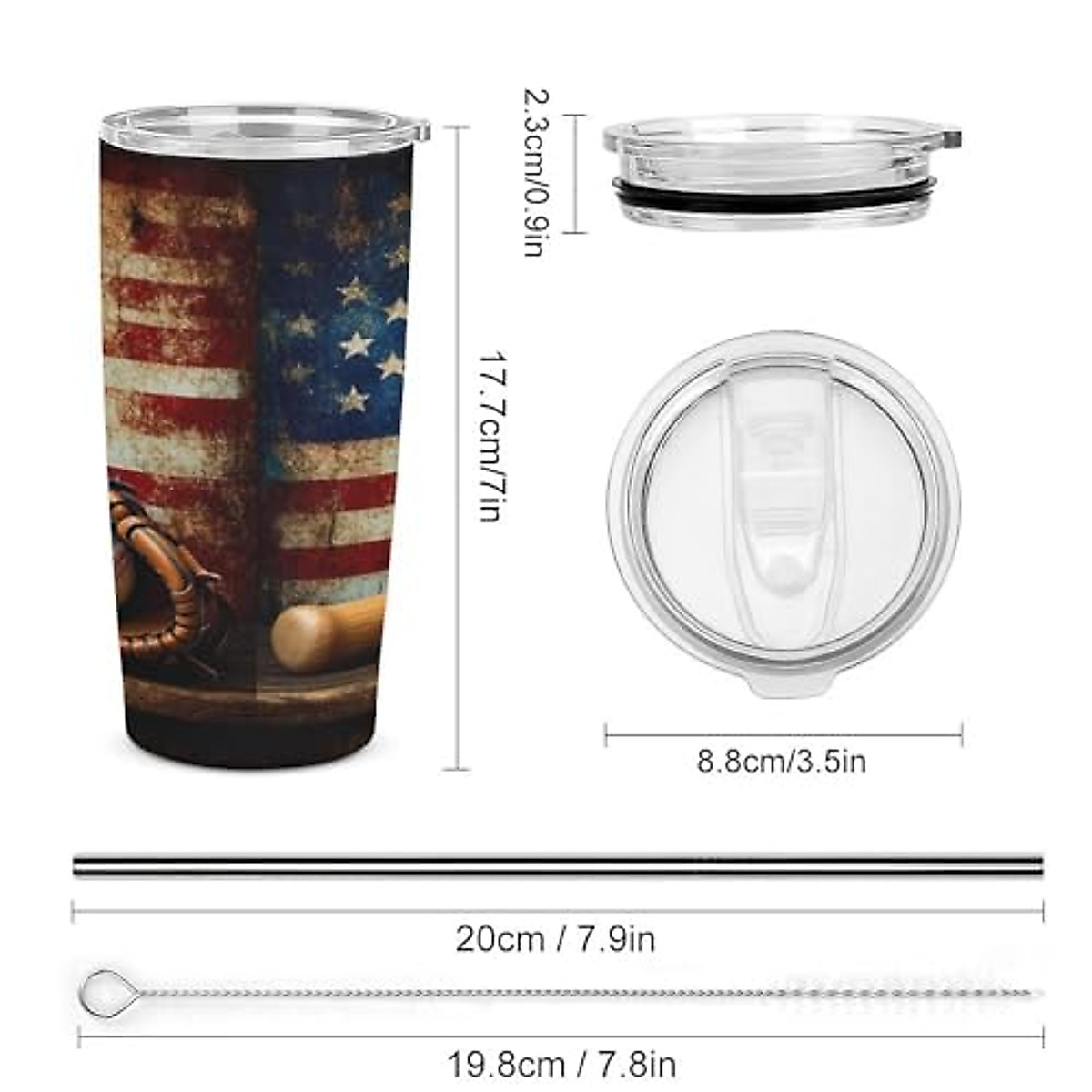 Baseball Glove America Flag (2) 20 OZ Stainless Steel Tumbler Travel Car Coffee Mug with Straw Lid Cleaning Brush Coffee Tumbler Mug for Women Men
