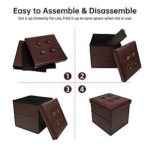 xuperbonus15 Inches Folding Storage Square Ottoman with Side Pocket Brown Leather Cube Foot Rest Stool Seat for Dorm Living Room Bedroom