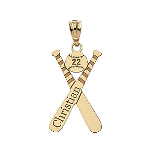 Certified 10k Yellow Gold Personalized Baseball and Baseball Bat Cross Sports Pendant with Your Name and Number