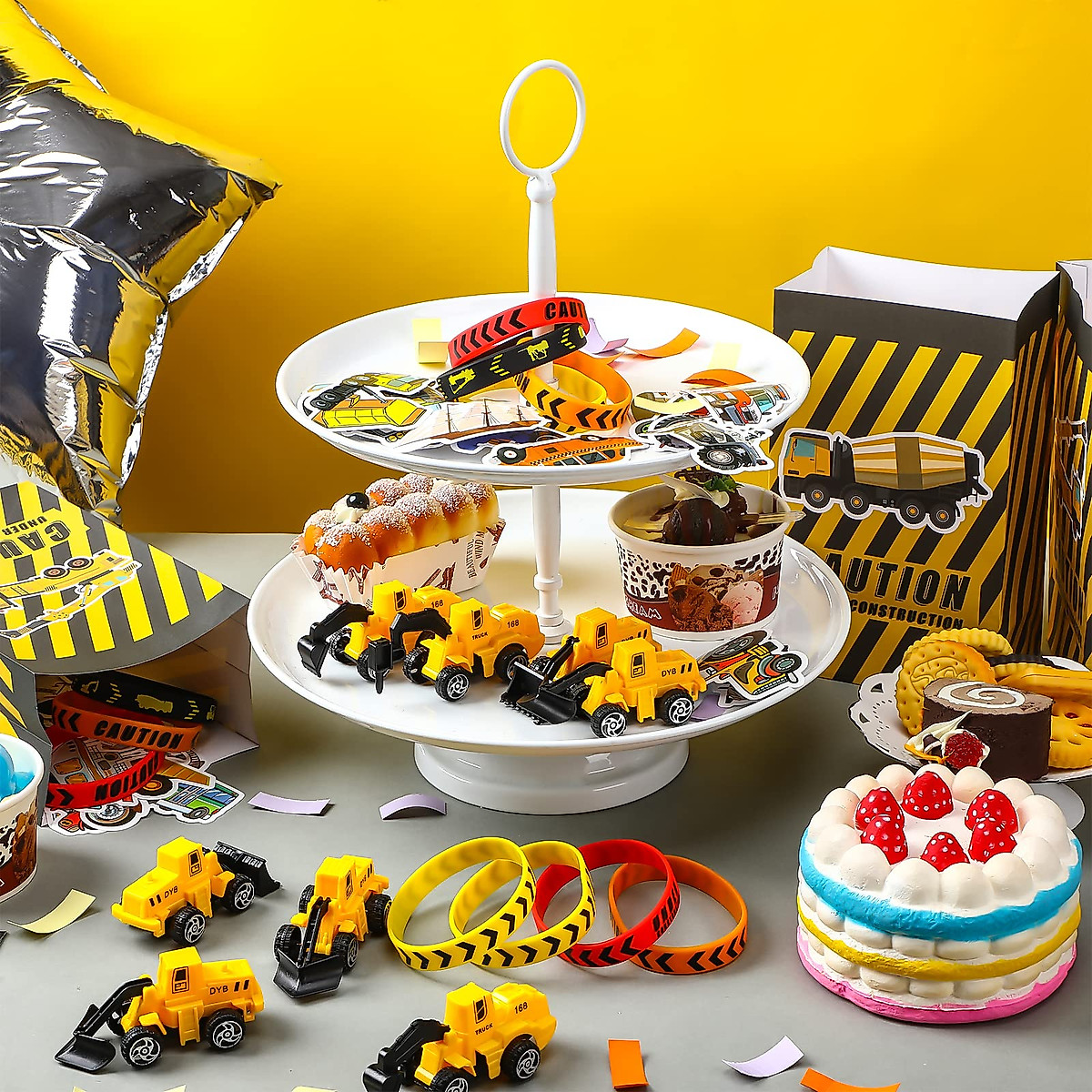 Construction Theme Party Favors Birthday Supplies Goodie Favor Bags Waterproof Truck Car Sticker Mini Engineering Car Toys Rubber Bracelets for Shower Return Present Construction Supplies (86)