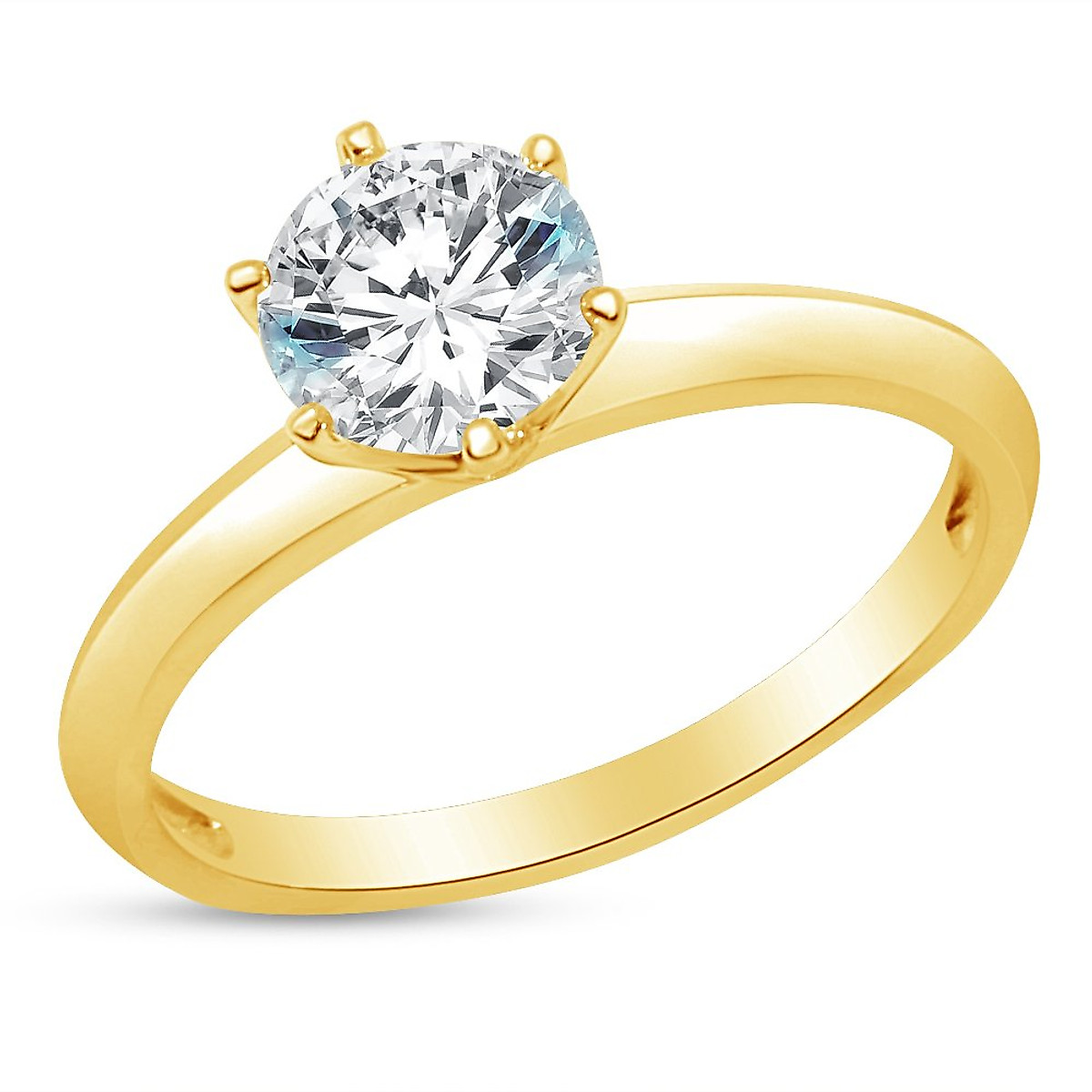 Size - 7.5 - Solid 14k Yellow Gold Round Cut Six Prong Knife Edge Solitaire Engagement Ring CZ Cubic Zirconia 1.25ct.