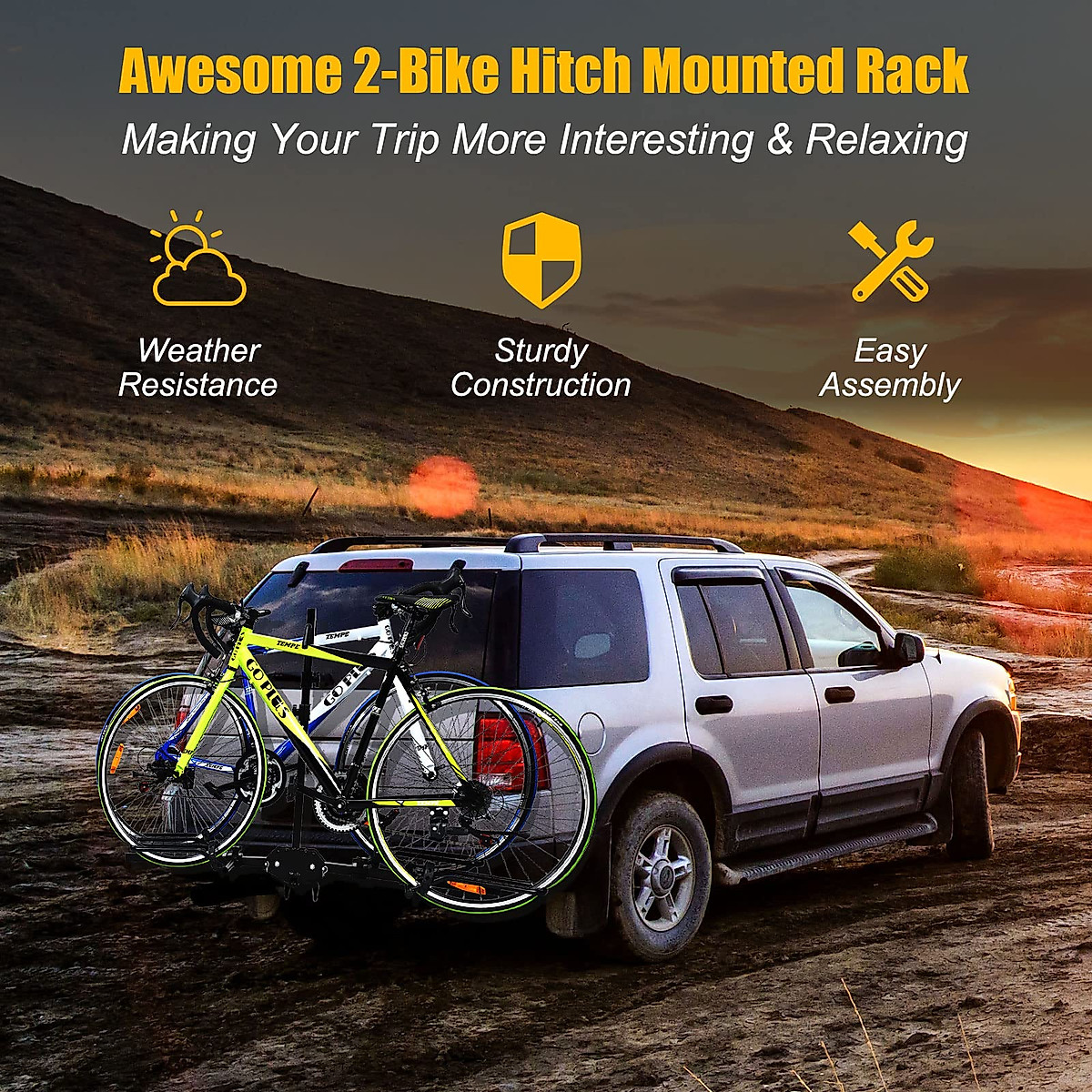 GYMAX 2 Bike Hitch Mount Platform, Folding Bike Rack with Adjustable Frame Hooks for 20”-26” Tires, Heavy Duty Vehicle Bicycle Carrier for 1-1/4" and 2" Hitch Receiver