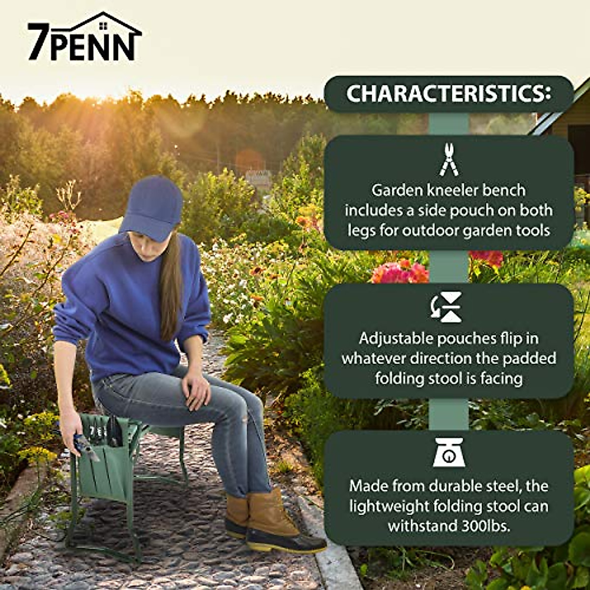 7Penn Garden Stool - 2 in 1 Garden Kneeler and Garden Work Seat Green Foldable Stool with Pouches and Cushioned Seat
