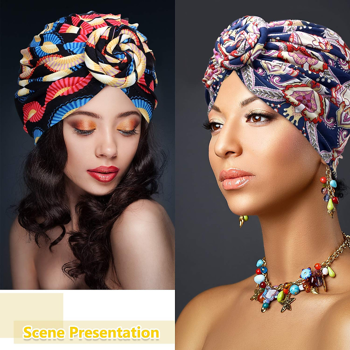 SATINIOR 6 Pieces Women African Turban Flower Knot Pre-Tied Bonnet Beanie Cap Headwrap (Blue Yellow Flower)