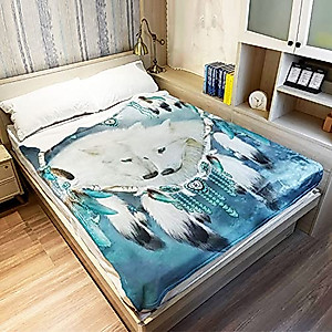 YISUMEI Wolf Dream Catcher Throw Blanket Blue Nebula White Wolf Fleece Blanket Soft Warm Cozy for Sofa Couch Bed 50"x60"