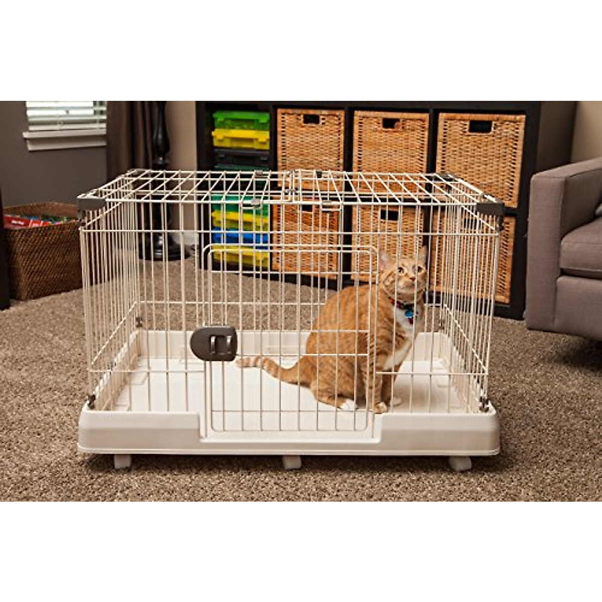 IRIS USA Medium Portable Wire Animal Cage, Easy Assembly Wire Dog Crate Animal House with Removable Casters and Top Access, Almond/Brown