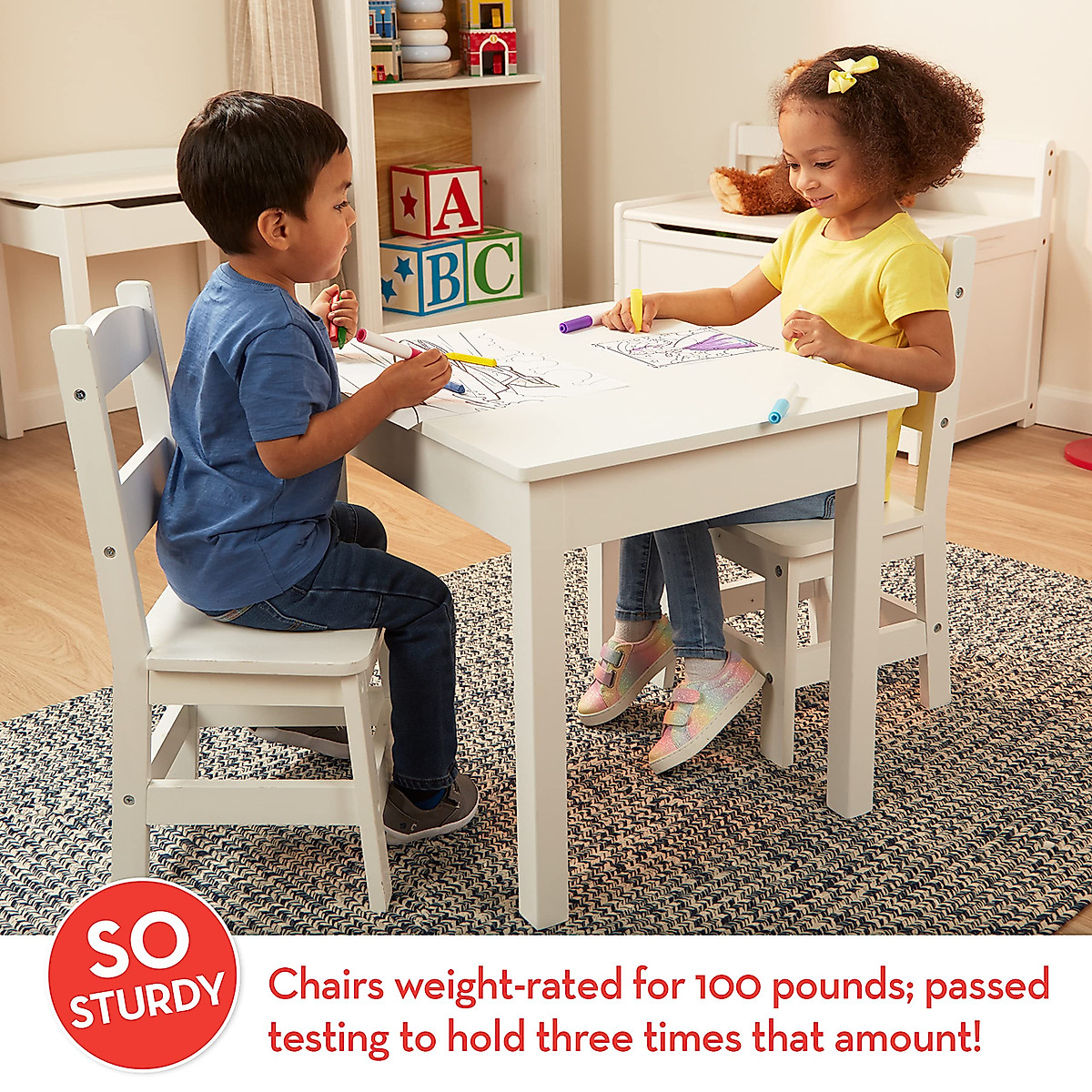 Melissa & Doug Toddler-Sized Kids White Wooden Furniture - Table and 4 Chairs
