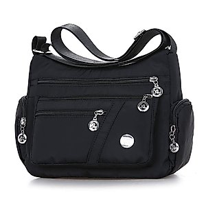 Nylon Crossbody Bags for Women Multiple Pockets Shoulder Purses Small Ladies Satchel Purse with Adjustable Strap Black