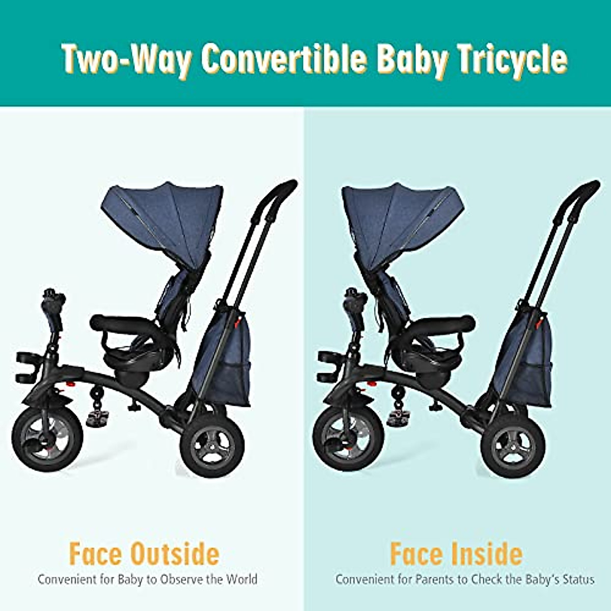 BABY JOY Toddler Tricycle, 7 in 1 Folding Steer Trike w/Rotatable Seat, Adjustable Canopy, Push Handle, Guardrail, Safety Harness, Brakes, Cup Holder & Storage, Tricycle for Toddlers Ages 1.5-5 (Blue)