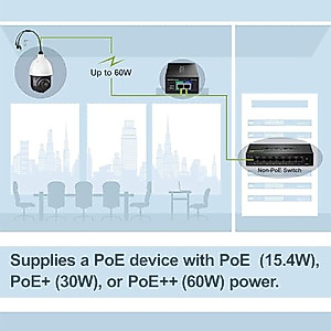 TRENDnet Gigabit PoE++ Injector, Supplies PoE (15.4W), PoE+ (30W), or PoE++ (60W), Network A PoE Device Up to 100m(328 ft), Supports IEEE 802.3af,802.at, Plug & Play, Black, TPE-117GI
