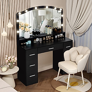 usikey 43.3" Vanity Desk with Large Lighted Mirror, Makeup Vanity Table with 7 Drawers & 10 Lights Bulbs, 3 Lighting Colors, Make Vanity Desk, Vanity Table for Women Girls, Black