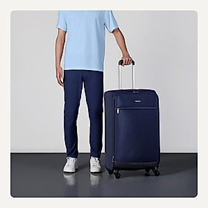 Amazon Basics Luggage, 30" Large Checked Softside Suitcase With Wheels With Four 360-Degree Multi-directional Spinner Wheels Expandable Space Zippered Pocket and Straps, Telescopic Handle, Navy Blue