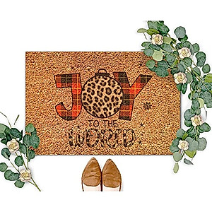 Joy to The World Coir Door Mat Merry and Bright Rug Buffalo Plaid Leopard Christmas Funny Thick Durable Non Slip Mat for Indoor Outdoor Porch Home Entryway 24x36in
