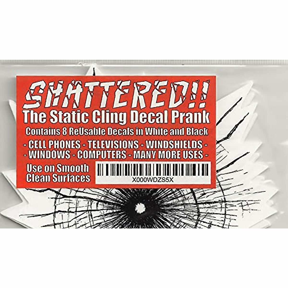 Shattered!! Realistic Set of 8 Reusable Broken Screen Prank Decals. These use a Static Cling Bond to Attach (No Glue or Adhesive Used)