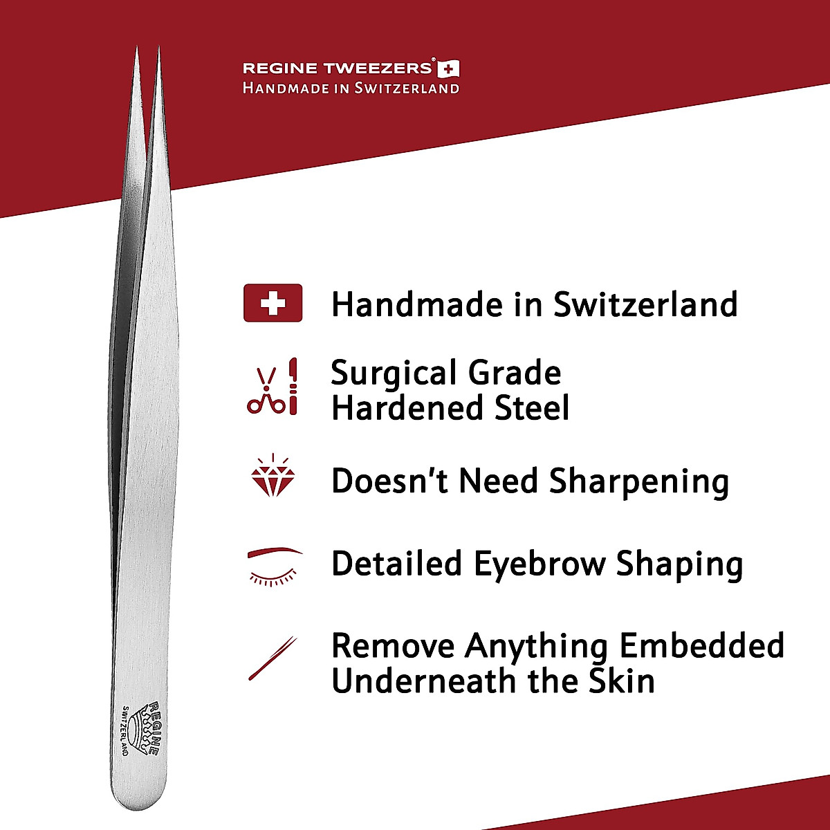 Regine Switzerland Splinter Tweezers – Professional Tweezer with Precision Point Needle Nose for Splinter, Ingrown Hair & Glass Extraction – Stainless Steel Sharp Tool for Men & Women – Silver