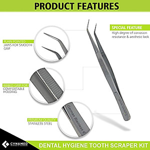 CynaMed Dental Tools Oral Care Kit (5-Pack) – Stainless Steel Dental Pick, Tartar Scraper, Scaler, Tweezers, and Mouth Mirror for Personal & Pet Use