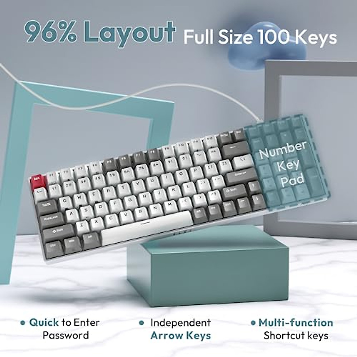 RK ROYAL KLUDGE RK100 Wireless Mechanical Keyboard RGB Backlit Bluetooth5.1/2.4G/Wired 96% Full Size 100-Key Hot-swap Gaming Keyboard with 3 USB Ports Brown Switch for Mac Windows Classic
