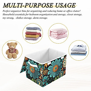 Vnurnrn Storage Bin with Lid Collapsible Hippie Style Floral Print, Large Capacity Foldable Storage Basket Cube for Clothes Toys 16.5×12.6×11.8 IN