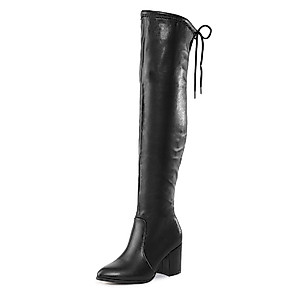 DREAM PAIRS Women's Black Pu Thigh High Boots Over The Knee Stretch Leather Cute Block Heel Fashion Long Boots Size 10 M US Gracie-2
