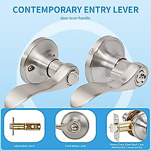 Front Door Handles with Keys and Locks Satin Nickel Finish, Keyed Alike Entry Door Levers One Keyway Lockset for Interior Bedroom Bathroom or Exterior Doors, Home/Office Use, Pack of 3
