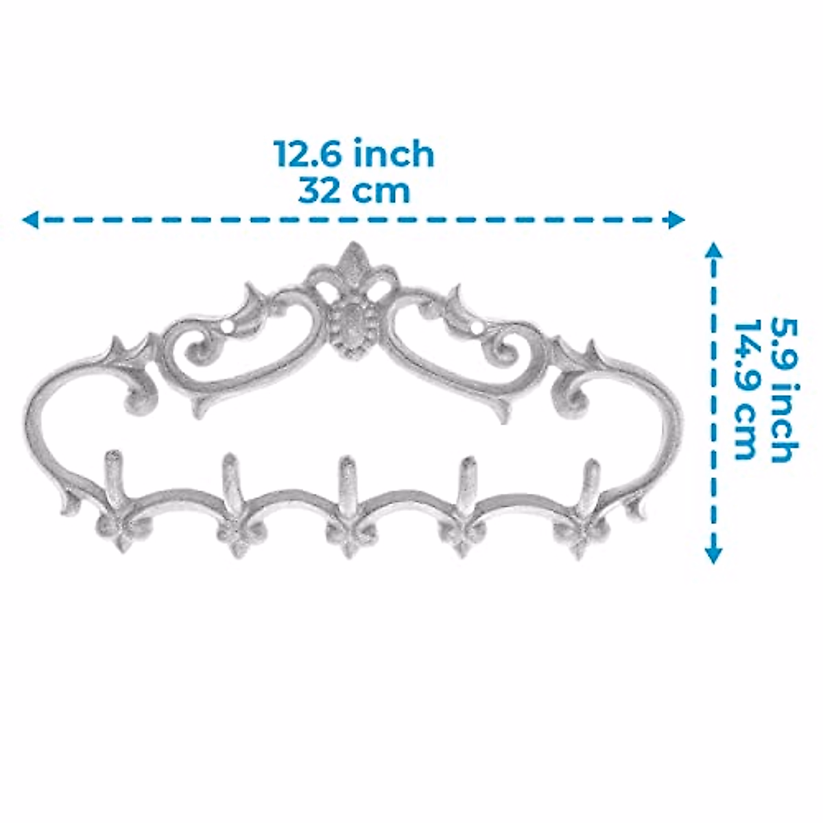 Comfify Cast Iron Wall Mounted Hanger Vintage Design with 5 Hooks - Keys, Towels, Coats etc - Wall Mounted, Metal, Heavy Duty, Rustic, Vintage, Decorative Gift Idea - 12.6x5.9” - Rustic White